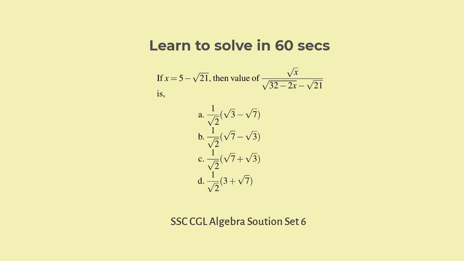 Algebra Questions For Competitive Exams Quick Solutions SSC CGL 6 Algebra Questions For Competitive Exams Quick Solutions SSC CGL 6